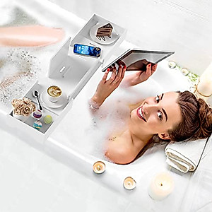 WINFFOR Acrylic Bathtub Tray, Expandable Bathtub Caddy, 1 or 2 Person Bath Tray, Luxury Bath Caddy Adjustable Bath Tub Table Caddy (White)