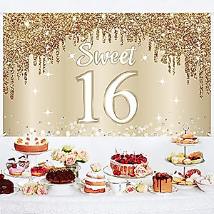 Happy Sweet 16th Birthday Banner Backdrop Decorations for Girls, Gold White Sweet 16 Birthday Sign Party Supplies, Sixteen Year Old Birthday Photo Booth Background Poster Decor(72.8 x 43.3 Inch)