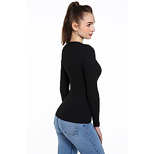 AmélieBoutik Women V Neck Henley Long Sleeve Pullover Ribbed Sweater (Black Medium)