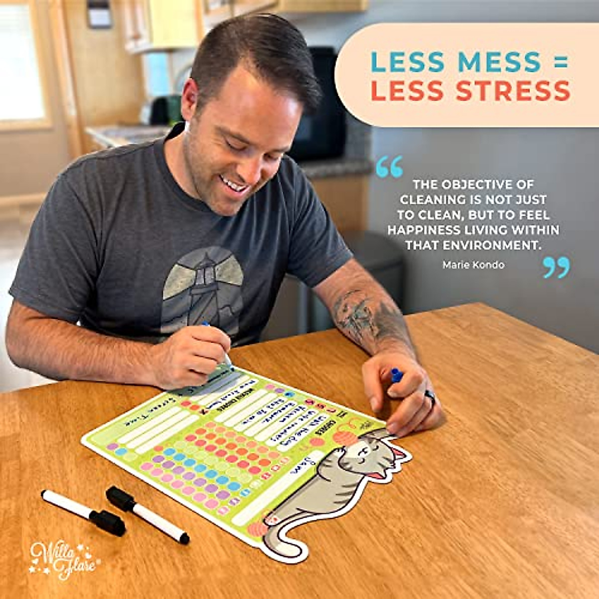 Willa Flare Fridge Chore Chart 1 pc | Magnetic Chore Chart For Kids and Adults | Helps to Reward Responsibility with Family Chores Charts | Includes Wet and Dry Erase Markers (Gray Cat)