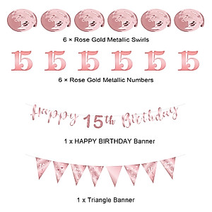 BRT Bearingshui 15th Birthday Decoration Kit for Girls, Happy 15th Birthday Banner Bunting Swirls Streamers, Triangle Flag Banner for Birthday Party Decorations Supplies Rose Gold 15th