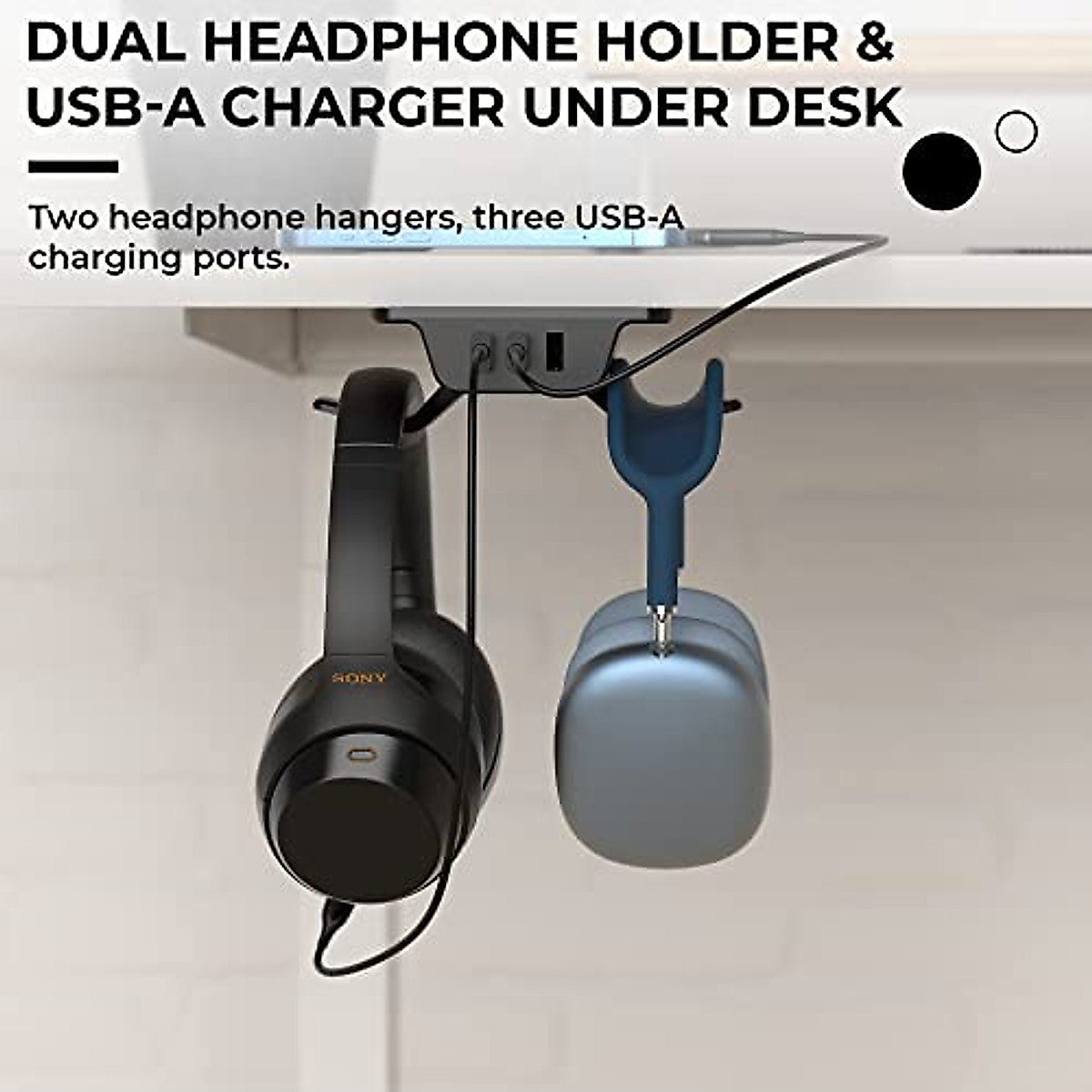 HumanCentric Hook and Charge Headphone Hanger with USB Charger, Under Desk Headphone Mount + Headphone Stand, Charge Accessories with 3 USB A Ports, Hook Headphones on Headset Holder Desk Hook, Black