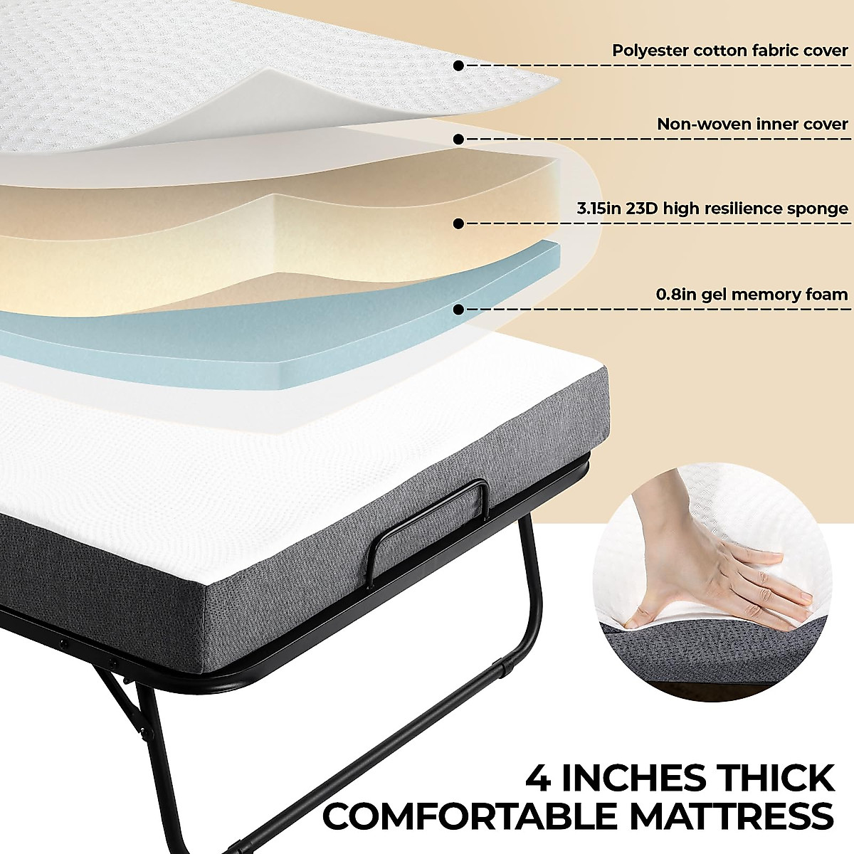 MAMIZO Portable Folding Bed with Mattress - 75" x 38" Twin Size Rollaway Bed with Mattress, with 4-inch Thick Luxurious Memory Foam Mattress and a Sturdy Metal Frame, Space Saving Roll Away Bed