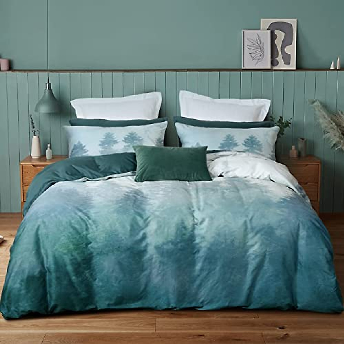 David's Home 100% Cotton Duvet Cover Set Queen Size, Misty Forest Duvet Cover with Pillow Shams, 3pcs Ultra Soft and Breathable Comforter Cover Set, 90x90 Inches, Green