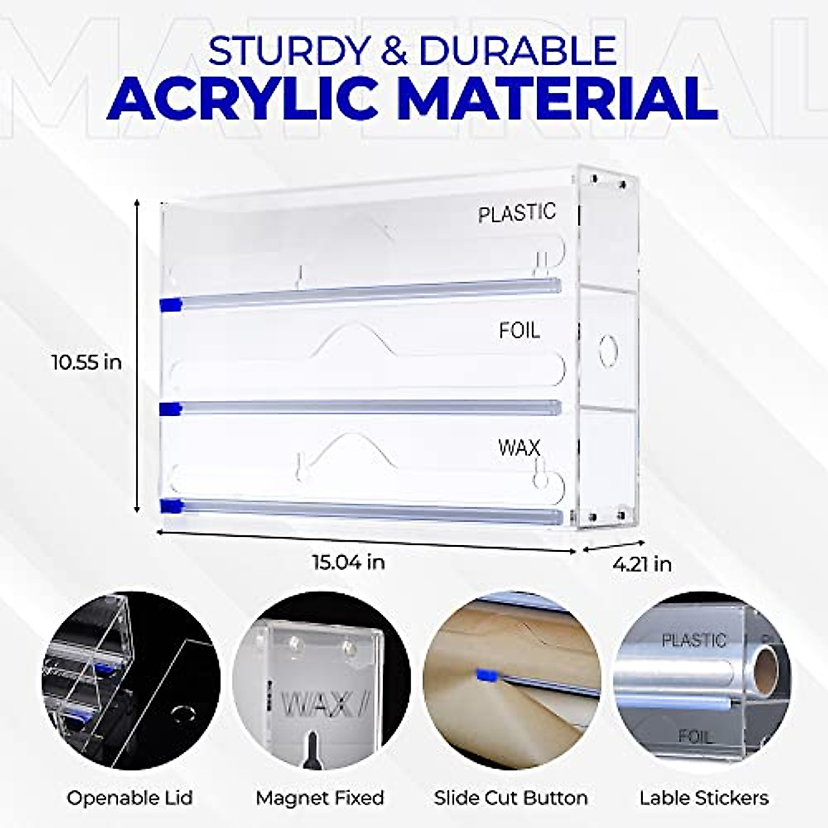 YOC Wrap Dispenser, Clear Acrylic Foil, Wax Organizer with Slide Cutter, Suitable for Wall Mounting or Kitchen Drawer, Compatible with 12 Inch Rolls (3 in 1 Wrap Dispenser)