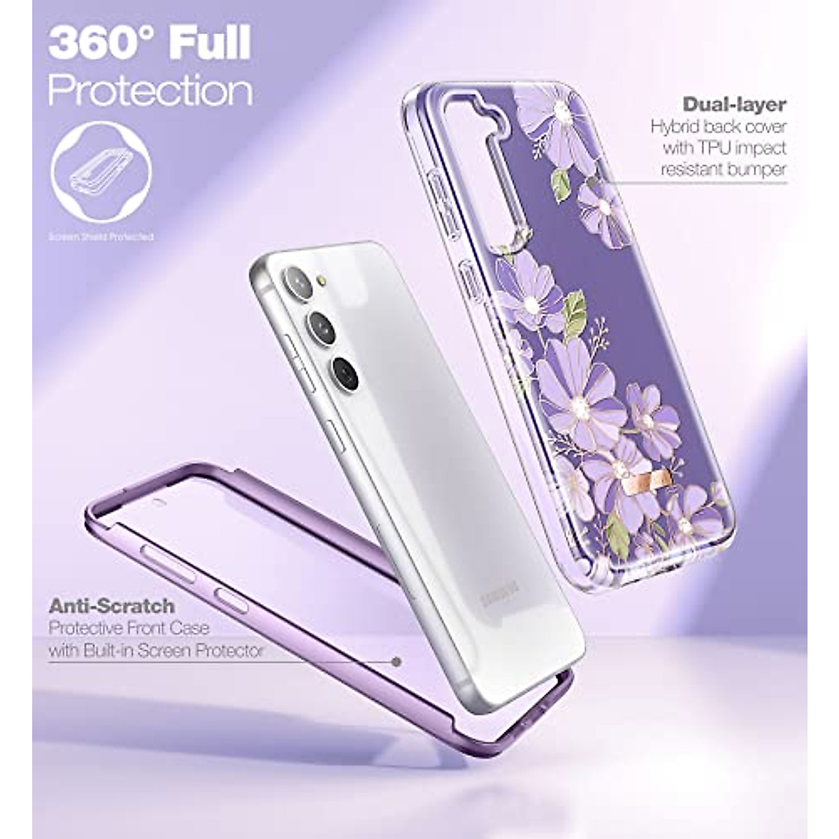 SURITCH for Samsung Galaxy S23 6.1 Inch Case, [Built-in Screen Protector] [Dual-Layer Protection ] Full Shockproof Rugged Bumper Phone Protective Cover - Purple Cosmos