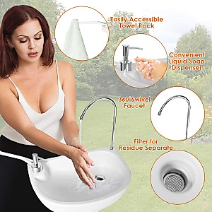 S AFSTAR Portable Camping Sink, Hand Wash Basin Stand w/ 17L Water Tank & Soap Dispenser, Rolling Hand Washing Station w/Towel Holder & Foot Pump, for Garden, Outdoor Sink Hand Wash Station