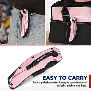 WORKPRO Utility Knife Blades, SK5 Steel, 100-Pack with Dispenser and Pink Folding Utility Knife, 10 Extra Blades Included