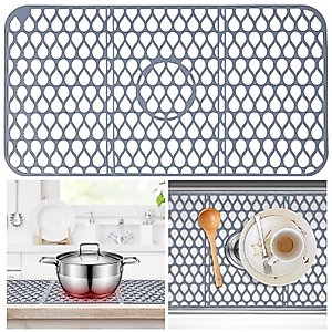 HUMUMU Sink Protectors for Kitchen Sink 26" x 14", Grey Non-Slip Sink Mats for Bottom of Kitchen Sink，Collapsible-Cuttable Silicone Sink Mat for Farmhouse Stainless Steel Porcelain Sink（Center Drain）
