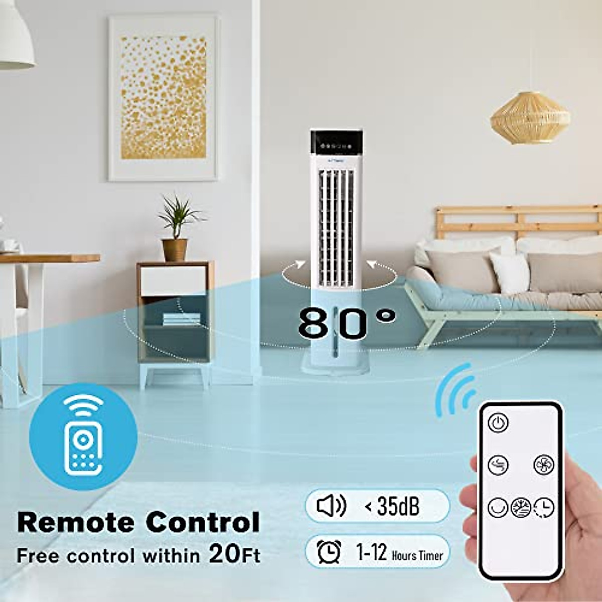 E-Macht Evaporative Air Cooler with Fan & Humidifier, 3-in-1 Portable Air Conditioners, 3 Speeds & 3 Modes, 80° Oscillation Swamp Cooler for Bedroom with Remote Control, 3L Water Tank, 2 Ice Packs