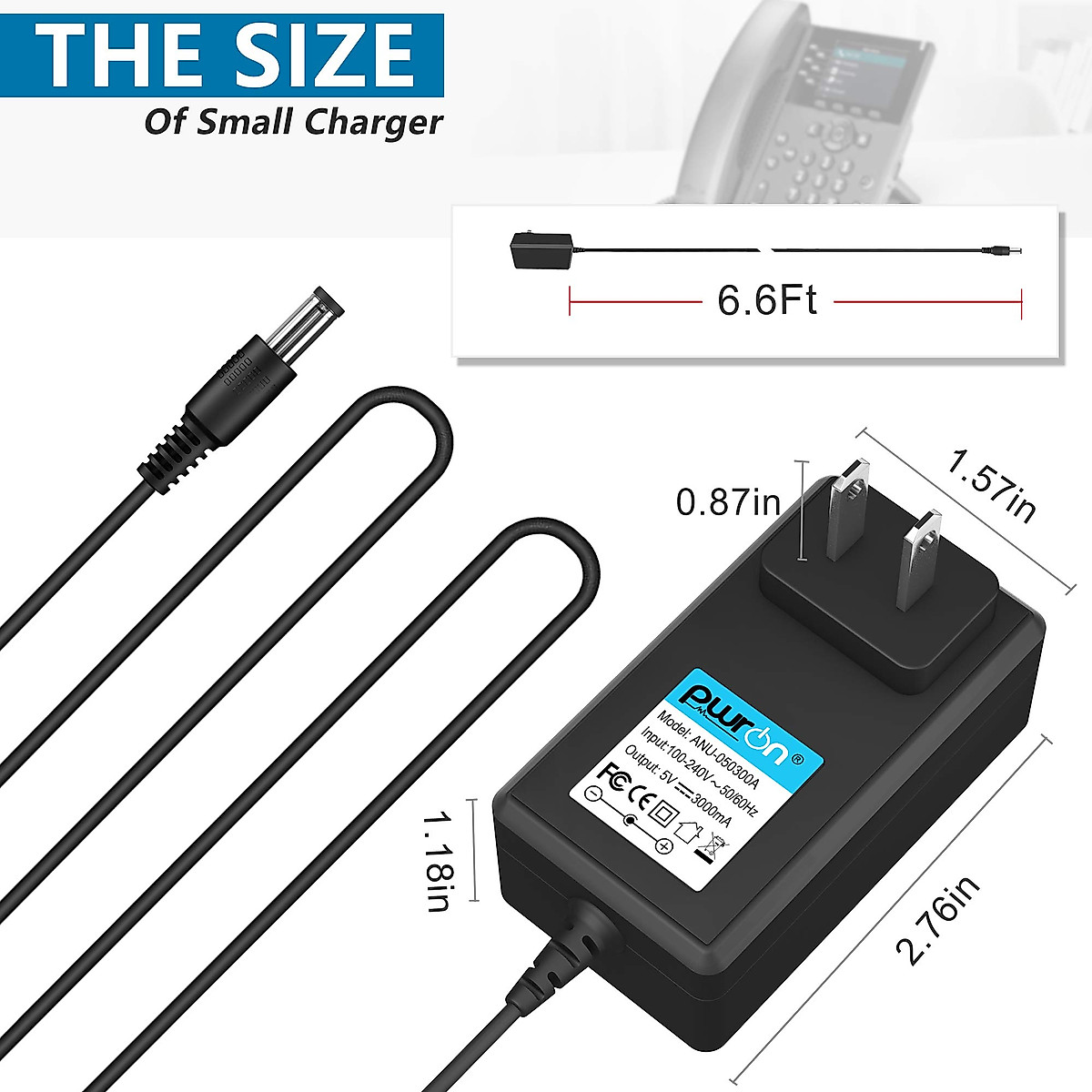 PwrON Power Adapter Compatible with for POLYCOM VVX Business IP Phone, VVX 150 250 350 450 OBI, 6.6ft Long