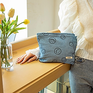 GUTGNK Makeup bag for Women, Corduroy Cosmetic Bag Aesthetic Design Ladies Tote Bag,Cute Smiley Face Makeup Organizer with Zipper - Blue