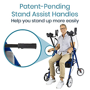 Vive Bariatric Upright Walker with Seat - Heavy Duty Senior Stand Up Rollator, Extra Wide Frame - Padded Armrest & Backrest -Mobility Aid Portable Rolling Walker with Bag - Fits Tall & Large People