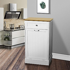 HomVent Wooden Pull Out Trash Can Cabinet, Tilt Out Free Standing Recycling Cabinet for Kitchen, Kitchen Hideaway Trash Can Cabinet with Drawer (White)