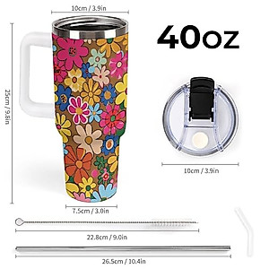 ADASGHBY Large Capacity Car Cup with Straw Lid Bright Flower Style Leakproof Insulated Stainless Steel Tumbler Fits in Car Cup Holder