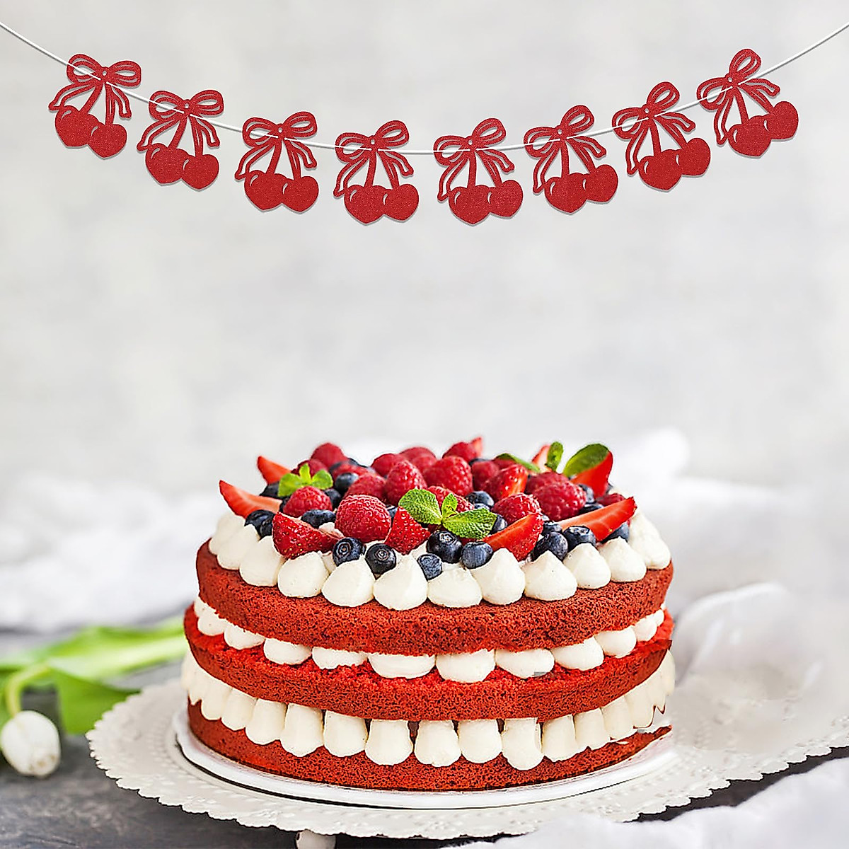 Cherry Banner - Cherry Fruit Hanging Decor, Cherry Theme Home Decor Banner Decoration for Christmas, Birthday, Bachelorette, Bridal Shower, Wedding Party Decorations Red Glitter