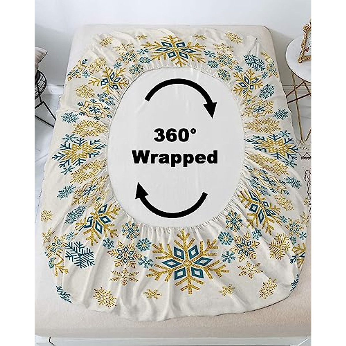 Twin Size Fitted Sheet Bed Set Christmas Abstract Snowflake Texture Deep Pocket Soft Bottom Sheets&Pillowcases for Bedroom Decor Gold Blue Snow Flower on Flax,Fits Mattress Up to 16" Deep