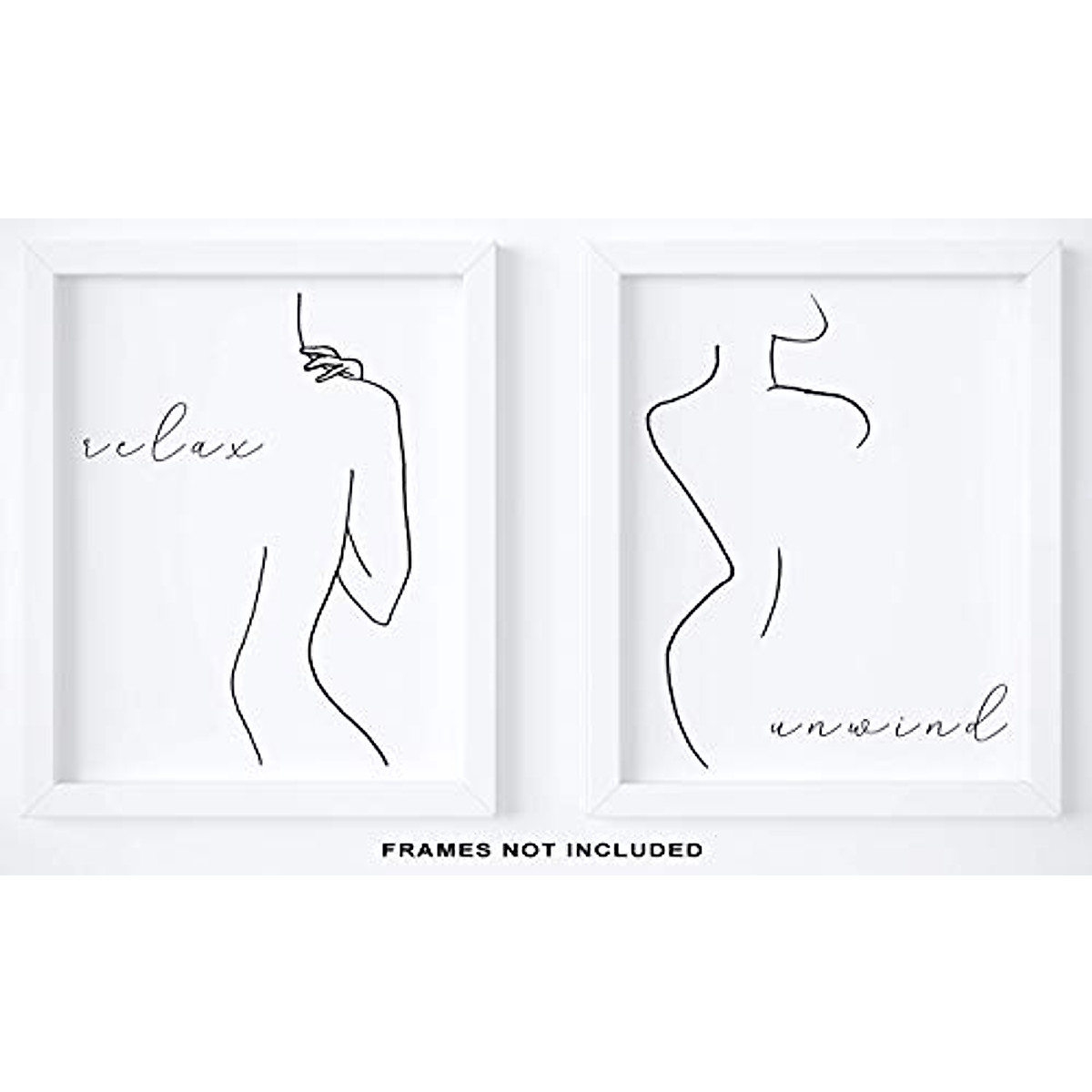 Abstract Minimalist"Relax, Unwind" Wall Decor - Set of 2-8"x10" UNFRAMED Prints - Modern, Minimal, Black And White Line Art - Female Figure Silhouette - Bathroom Wall Decor