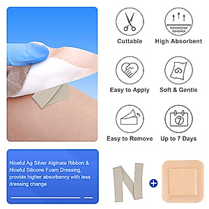 Niceful 5 Pcs Silver Calcium Alginate Wound Dressing 0.8"x12", Ag Calcium Alginate Rope with Silver, HSA FSA Eligible, High Absorbent Dressing Non Stick for Pressure Ulcer