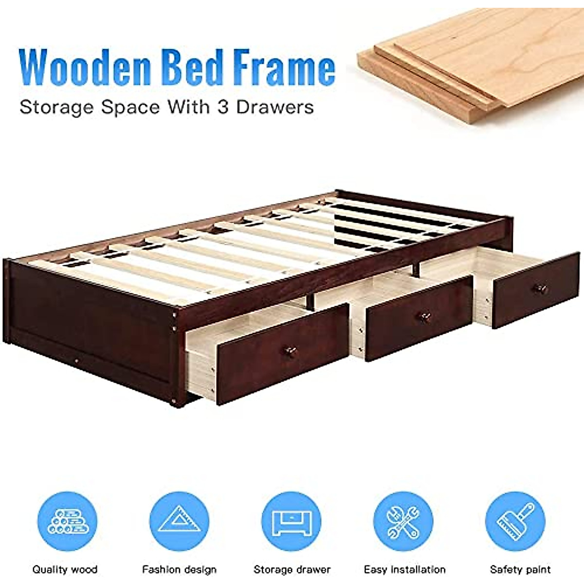 Hooseng Twin Size Platform Storage Bed with 3 Drawers,No Box Spring Needed, Brown Cherry