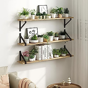 Fixwal Floating Shelves, 36 Inch Wall Bookshelf Set of 3, Large Floating Book Shelves for Wall Decor, Rustic Wood Wall Storage Shelves for Bedroom, Living Room, Kitchen, Bathroom (Carbonized Black)