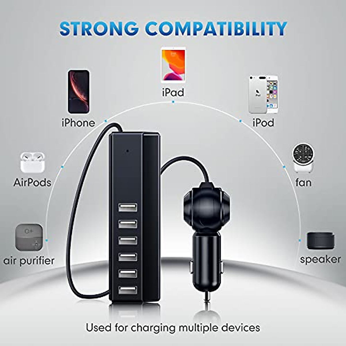 USB Car Charger, 6-Port Fast 65W Car Charger Cigarette Lighter Adapter DC with Smart Identification Compatible with iPhone, Android, Tablet and Other USB Devices