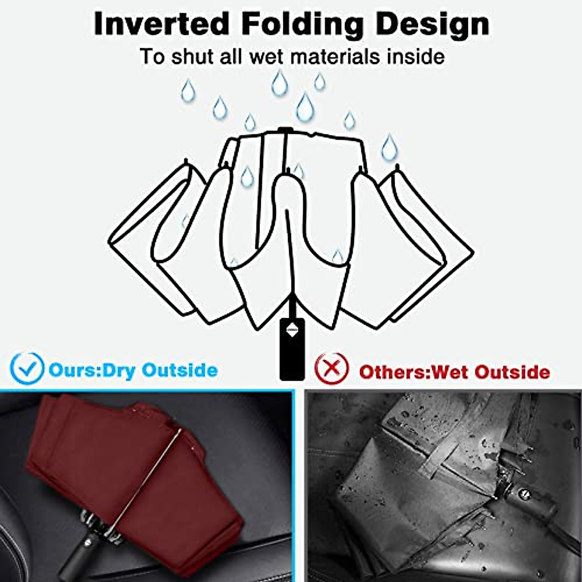 Vuteehy Windproof Umbrella, Travel Umbrella for Rain with 16 Ribs Double Canopy Vented, Waterproof Folding Umbrella with Inverted Design, Auto Open Close, Compact Rain Umbrella for Men and Women, Red