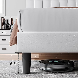 iPormis Full Size Platform Bed Frame, Faux Leather Upholstered Bed Frame with Square Tufted Headboard, Wood Slats Support, No Box Spring Needed, Easy Assembly, White