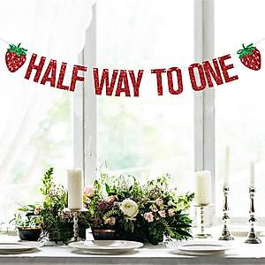 Strawberry Half Way to One Banner, 6 Months Birthday Decorations, Berry Sweet Half Birthday, Strawberry Themed Baby Shower Party Decorations, Red Glitter