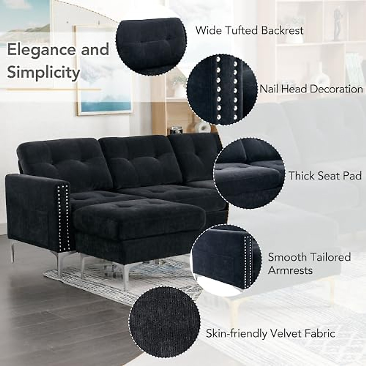 Merax, Black 110" L Convertible Sectional Sofa Velvet U Shape Couch with Movable Ottoman and Storage for Living Room