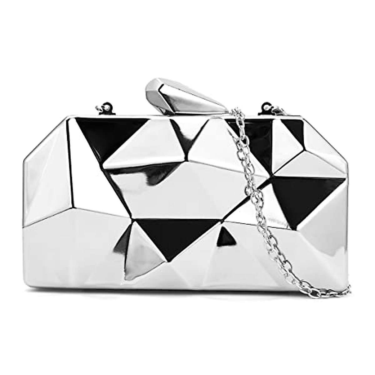 Tukaneeko Silver Evening Geometric Handbags Crossbody bags for Women Metal Clutch Purses for Parties Wedding with Chain