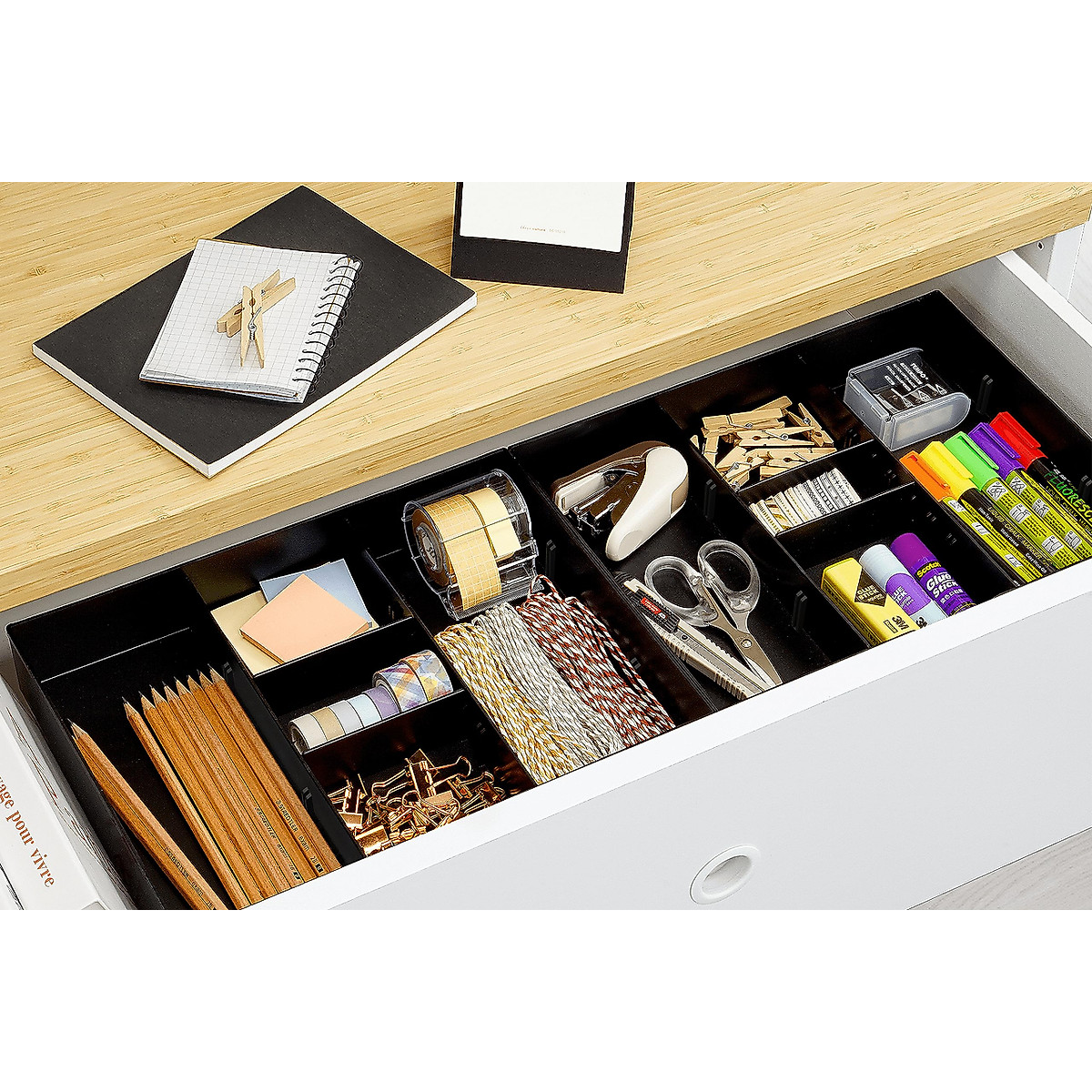 CAXXA 3 Slot Drawer Organizer with Two Adjustable Dividers - Junk Drawer Storage for Office Desk Supplies and Accessories, Black (1 Pack)