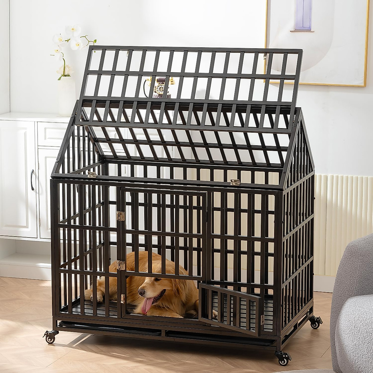 Afqxf Large Dog Crate Cage, 47'' Heavy Duty Galvanized Iron Dogs Cage Kennels Crates Furniture with Front Door, Top Door and 4 Lockable Wheels, Perfect for Patio, Home, Backyard, Black