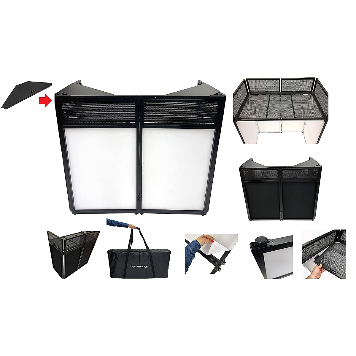 Jumbo 53" Wide DJ Event Facade White/Black Scrim Booth Two Top Corner Table Tops 23"x53" Table! Padded Carrying Case! All Aluminum Build!