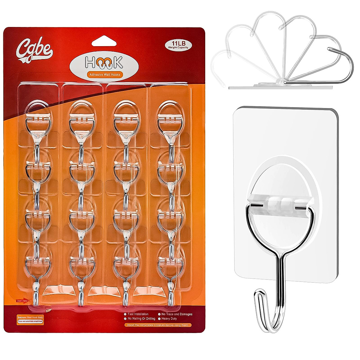 CGBE Adhesive Hooks Heavy Duty Sticky Hooks for Hanging 11 lbs (Max) Seamless Transparent Adhesive Hooks Wall Hangers without Nails for Hanging Keys Coats Hats Bags Ceiling (Clear-16PACK)