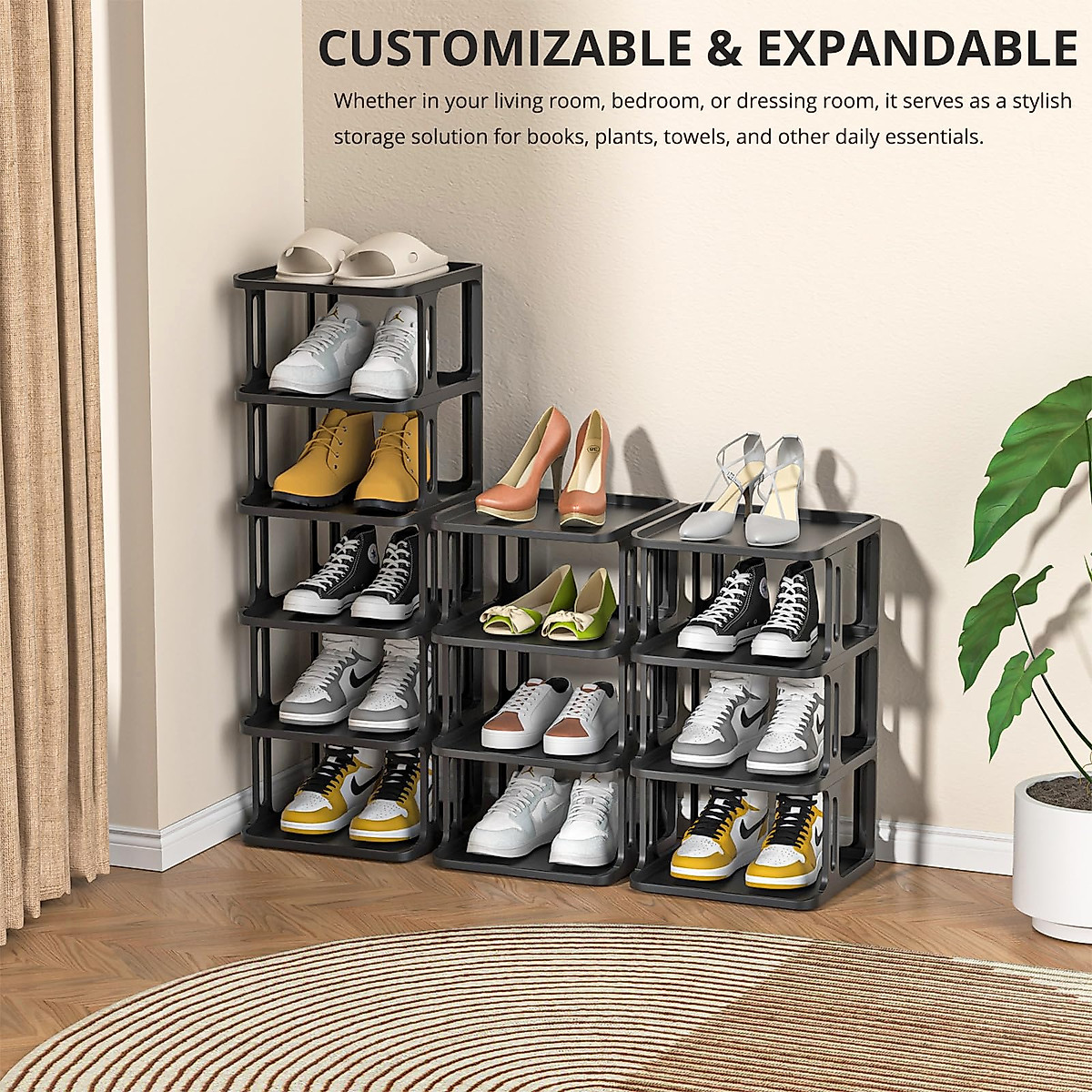 Small Shoe Rack for Closet - Free Standing Narrow Shoe Rack Organizer for Dedroom Dorm, Mini Stackable Shoe Rack Shelf for Entryway Garage Entrance, 4 Tier Vertical Black Shoe Cubby for Small Spaces