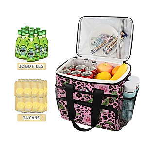 MNSRUU Cooler Bag Roses On Pink Leopard Cooler Bag Insulated Lunch Totes Picnic Bag Leakproof Beach Cooler Lunch Box Container