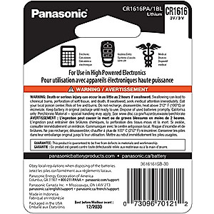 Panasonic CR1616 3.0 Volt Long Lasting Lithium Coin Cell Batteries in Child Resistant, Standards Based Packaging, 1-Battery Pack