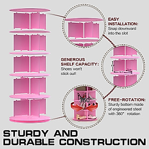 DOLEMODUO 5 Tier Rotating Shoe Rack Storage Tower, 360° Revolving Pink Spinning Shoes Display Rack Round Carousel for Entryway Hallway