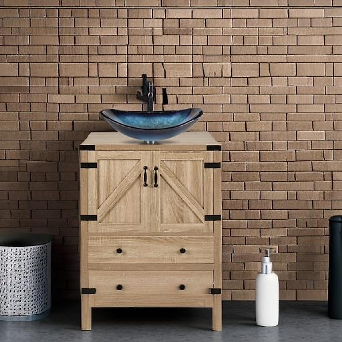 Puluomis Bathroom Vanity, 28 inch Modern Natural Color Wood Fixture Stand Pedestal Bathroom Cabinet with Bathroom Boat Blue Glass Vessel Sink Top