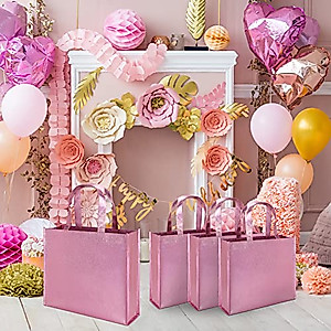 PHOGARY 12 Large Gift Bags with Handles (Pink), Stylish Tote Bags for Birthday Wedding Party Favor Christmas Present Wrap, Reusable Glossy Grocery Bags, non-woven fabric