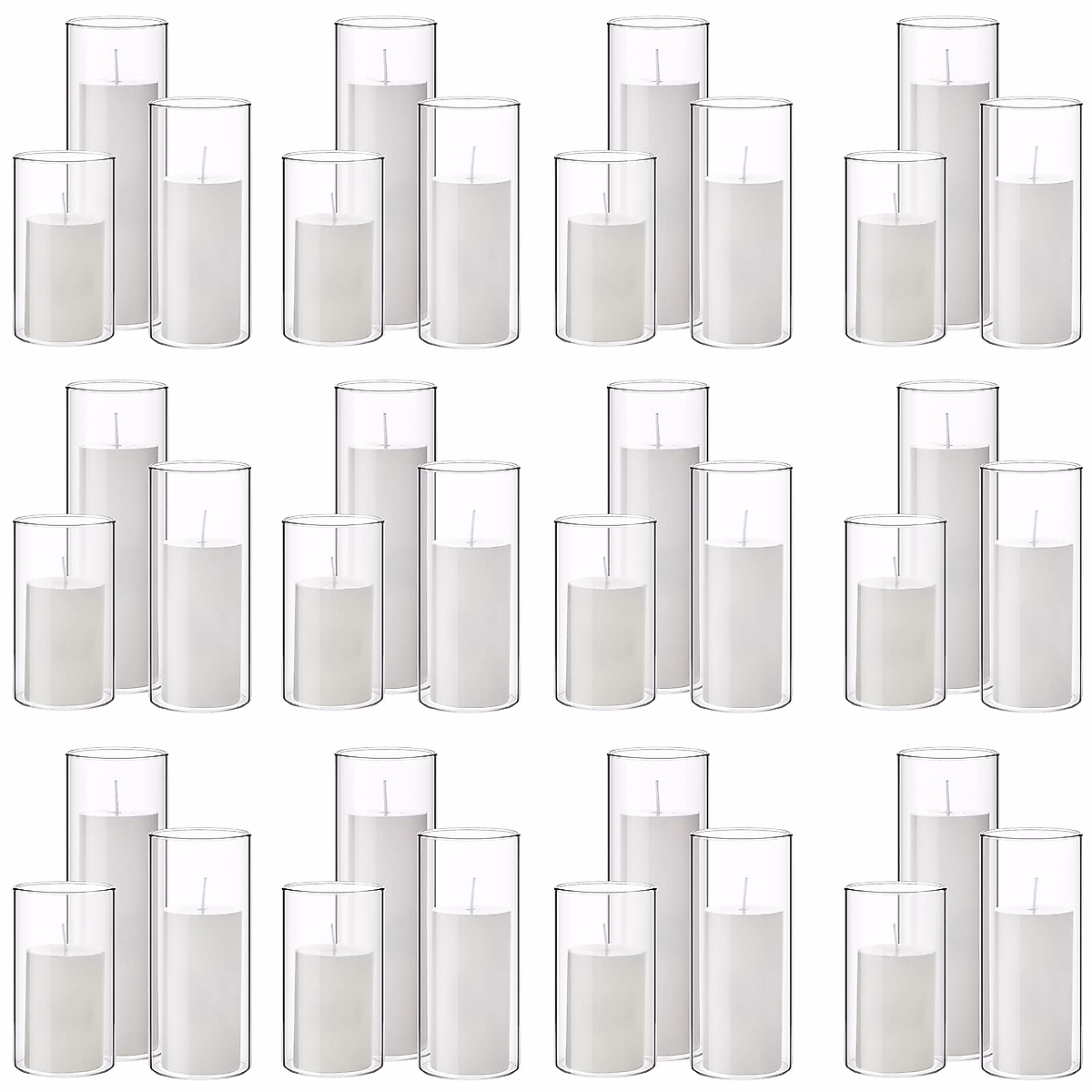 Shihanee Set of 36 Pillar Candles and Glass Cylinder Vases Clear Cylinder Candle Holders for Slim Pillar Candles Wedding Centerpieces (White,2.6'' X 4.7'', 5.9'', 7.9'')