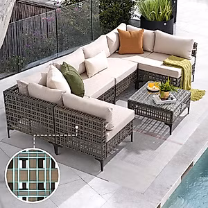 Patiorama 7 Piece Wicker Patio Furniture Set, Metal-Colored PE Rattan Outdoor Conversation Set Sectional Sofa with Water Resistant Cushion and Glass Table, Outdoor Couch, Porch, Backyard-Sand Beige