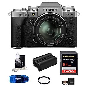 Fujifilm X-T4 Mirrorless Digital Camera with XF 18-55mm f/2.8-4 R LM OIS Lens (Silver) Bundle, Includes: SanDisk 64GB Extreme PRO SDXC Memory Card, Spare Fujifilm NP-W235 Battery + More (7 Items)
