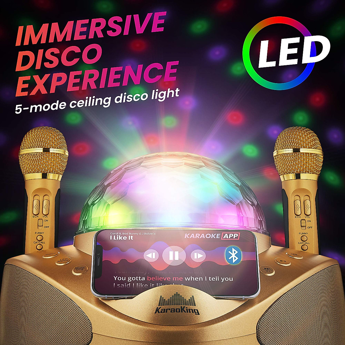 KaraoKing New 2020 Karaoke Machine – for Adults and Kids –2 Wireless Karaoke Microphone, SD Card, USB, Bluetooth Compatible, Lights Function– Home, Bachelor Party, Picnic, Outdoor/Indoor [G308 Gold]