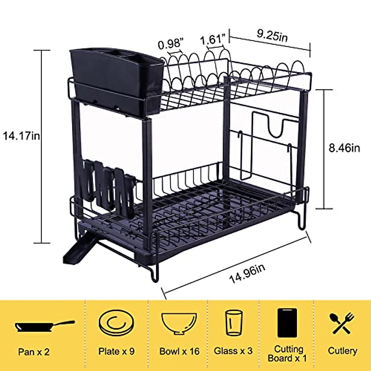 YP Dish Drying Rack with Drainboard, 2 Tier Dish Drainers for Kitchen Counter, Kitchen Dish Rack Organizer with Removable Utensil Holder, Black