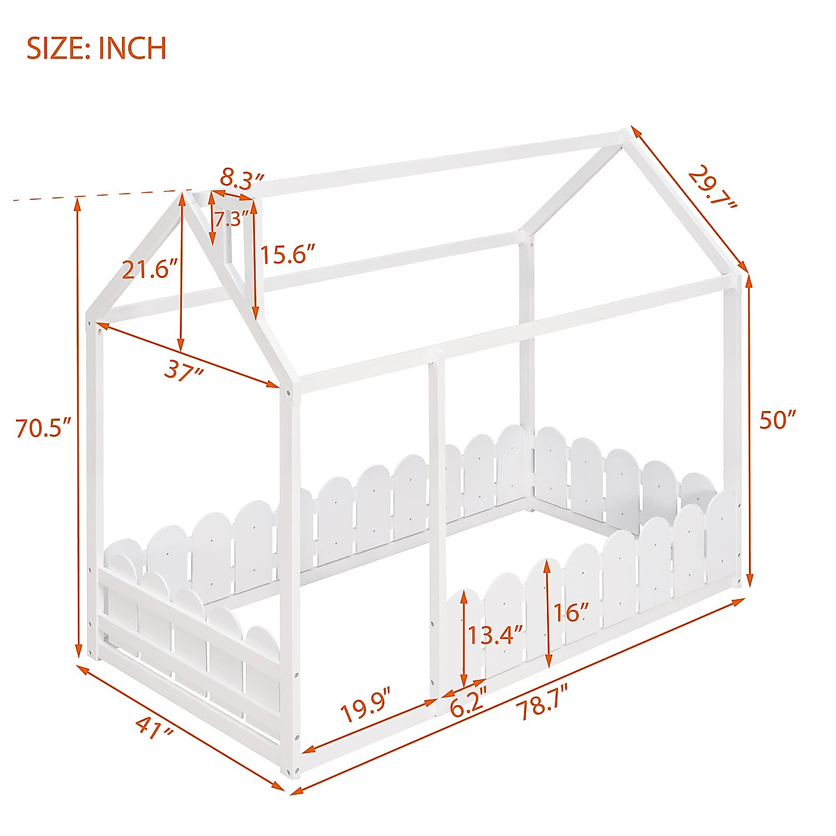 AOCOROE Twin Size House Bed for Boys and Girl Wood Twin Platform Bed Frame Playhouse Design Canopy Bed Tent Bed with Roof and Fence, Floor Height,White