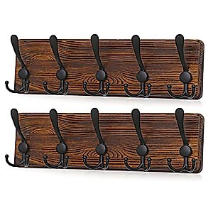 Coat Rack Wall Mount, 5 Tri Hooks, Coat Rack Hooks, Hook Rack Rail, Wooden Entryway Hanging Coat Rack, Self-Assembly Rustic Wood Wall Coat Hanger for The Entryway, Bathroom, Bedroom, Kitchen (2)