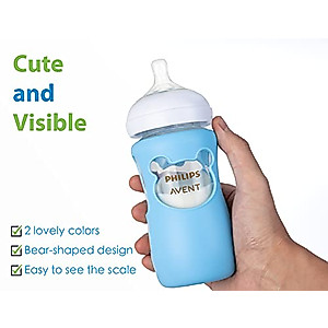 100% Silicone Baby Bottle Sleeves for Philips Avent Natural Glass Baby Bottles, Premium Food Grade Silicone Bottle Cover, Cute Bear Design, 8oz, Pack of 2 (Blue and Turquoise)