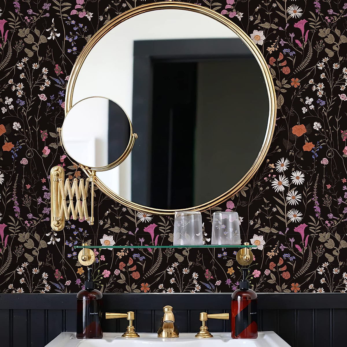 JiffDiff Floral Wallpaper Peel and Stick, Self Adhesive Wallpaper for Home Bedroom Cabinets and Kitchen Countertop Peel and Stick Thicken Contact Paper (17.3"x118", Dark Floral)